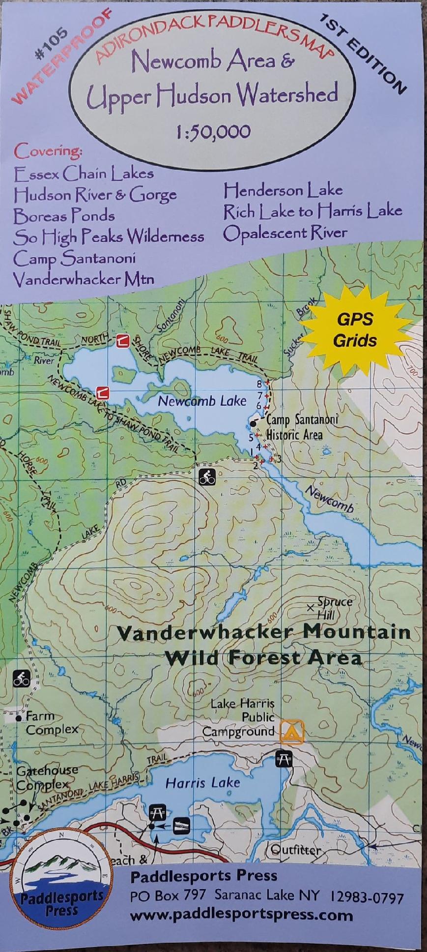 Adirondack Paddlers Map Newcomb area & Upper Hudson Watershed | Blue ...